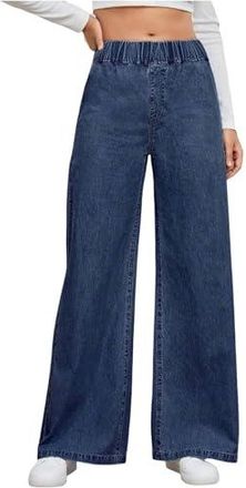 Generic Jean pour femme - Taille &eacute;lastique - Taille moyenne - Pantalon Palazzo &agrave; enfiler avec poches - Coupe d&eacute;contract&eacute;e - Couleur unie, noir fonc&eacute;, L