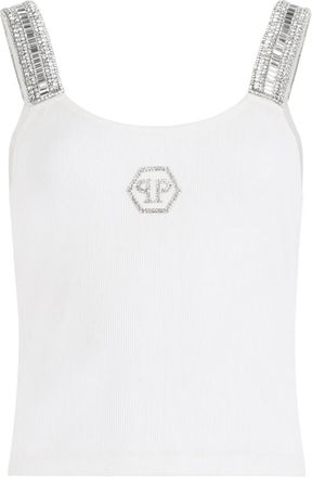 Philipp Plein Femme, Tops, Blanc, Taille: 40 FR D&eacute;bardeur c&ocirc;tel&eacute; Strass Hexagone