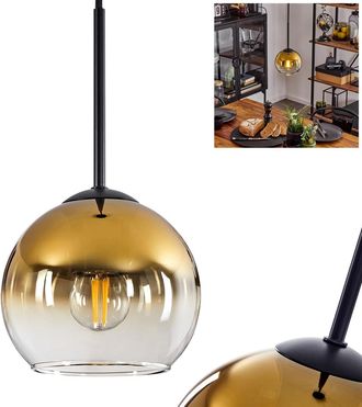 HOFSTEIN H&auml;ngeleuchte Koyoto, H&auml;ngelampe aus Metall/Glas in Schwarz/Goldfarben/Klar, Leuchte 1-flammig im Vintage/Retro Design mit Schirm aus Glas (&Oslash; 15 cm), H