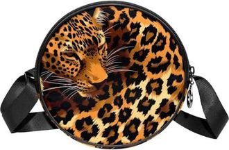 Generic Petit sac &agrave; bandouli&egrave;re circulaire pour femme, motif l&eacute;opard sauvage, sac &agrave; dos &agrave; bandouli&egrave;re avec fermeture &eacute;clair, bretelles r&eacute;glables, sac &agrave; main r