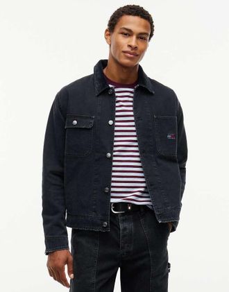 Tommy Jeans Oversize-Hemdjacke aus Canvas mit Cordkragen in Schwarz