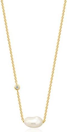 Ania Haie Collier pour femme Pearl of Wisdom en argent sterling plaqué or 14 carats, serti dun zircon et dun pendentif en perle deau douce, longueur 38 cm + ral