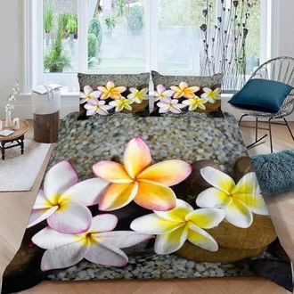 Generic Housse de Couette 160x200 Galets Imprim&eacute;e 3D Frangipaniers Parure de Lit 1 Personne Doux Microfibre Literie avec 2 Taies Doreillers 65x65 cm avec Ferm