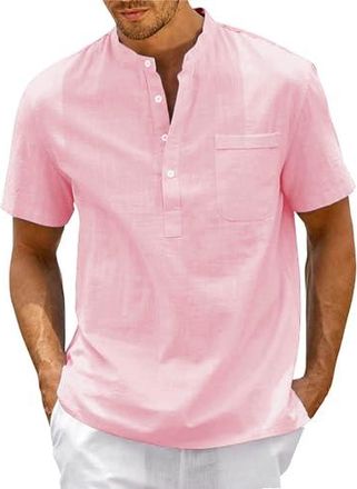 Generic T-shirt Henley pour homme avec col grand-père, coupe musclée, coupe musclée, manches courtes, chemise formelle décontractée intelligente, haut Henley 