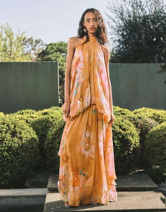 Topshop Blouson-Maxikleid aus hochwertiger Viskose mit handgemaltem Blumenmuster, Neckholder und R&uuml;ckenausschnitt-Gr&uuml;n