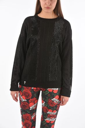 Philipp Plein COUTURE Zopfstrickpullover aus Lurex LS mit Kristallen Philipp Plein