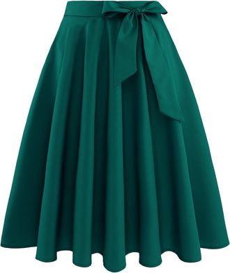 Bbonlinedress Trachtenrock Damen Knielang R&ouml;cke Vintage Rockabilly Oktoberfest Rock Basic Vielseitige Casual Tellerrock Hohe Taille Freizeitrock Dark Green 2XL