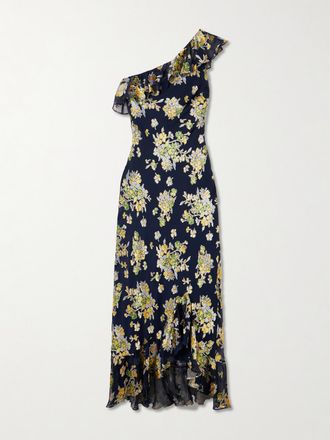 Rixo Robe Longue Asymétrique En Mousseline Et En Velours Dévoré À Volants Leon - Bleu