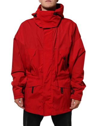 Dolce & Gabbana Red Nylon Hooded Men Full Zip Parka Jacket Clothing