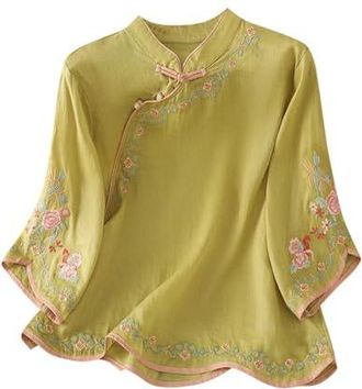 Generic Chemisiers pour femme &eacute;l&eacute;gants &agrave; manches 3/4 pour femme, hauts d&eacute;t&eacute; en coton et lin brod&eacute;s, chemisiers vintage &eacute;l&eacute;gants en lin, t-shirt d&eacute;contract&eacute;, b