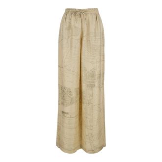 R&oacute;he Femme, Pantalons, Beige, Taille: 36 FR Wide Leg All-Over Print Silk Pants