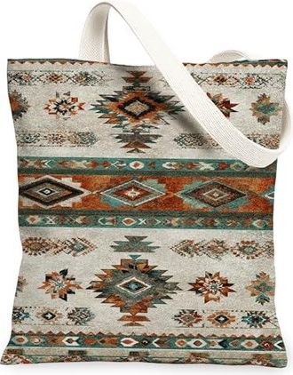 Generic Sacs fourre-tout en toile vintage g&eacute;om&eacute;trique, motif boh&egrave;me, sacs d&eacute;picerie r&eacute;utilisables, l&eacute;gers et lavables en toile pour, beige, 13x15 Inch