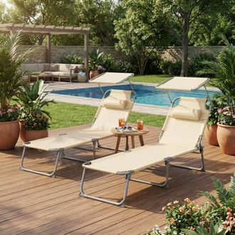 Songmics Transats Pliants Ext&eacute;rieur, Appui-T&ecirc;te, Dossier et Pare-Soleil R&eacute;glables, pour Balcon, Terrasse, Lot de 2, Beige