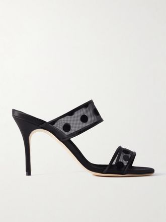 Manolo Blahnik Sandales En Résille Floquée À Finitions En Satin Scolobi 90 - Noir