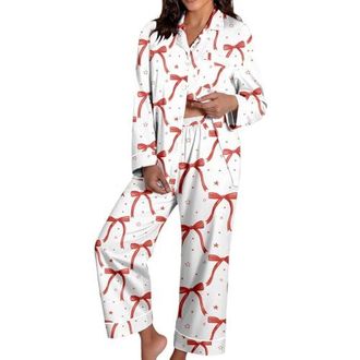 Generic Ensemble de pyjama en satin &agrave; manches longues pour femme - Imprim&eacute; mignon - V&ecirc;tement de nuit l&eacute;ger pour le printemps - V&ecirc;tements de nuit boutonn&eacute;s - V
