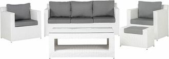 Beliani Lounge 6er Set Wei&szlig; Rattanoptik Grauen Bez&uuml;ge Mit Sitzkissen Dekorativ Elegant Modern