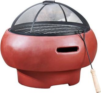 Teamson Home Garten Kleine, Runde Holzfeuerstelle, Gartenm&ouml;bel, Kaminofen, Feuerstellenheizung, Feuerschale, Holzbrenner mit Sch&uuml;rhaken, Grill und Deckel, Rot