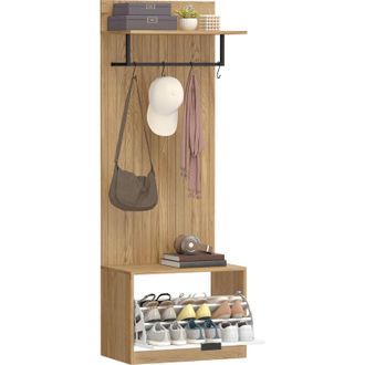 HOMCOM Vestiaire dentr&eacute;e - HOMCOM - 5 en 1 - banc &agrave; chaussures rabattable, &eacute;tag&egrave;re et 4 crochets - MDF - 60x30x170cm - ch&ecirc;ne et blanc