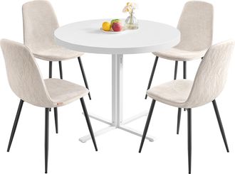 Vasagle Runder Tisch mit 4 Esszimmerst&uuml;hlen, Essgruppe, Stahlgestell, einfacher Aufbau, schneewei&szlig;-cremewei&szlig; KDT184W01