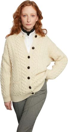 Aran Woollen Mills Achill Island Aran Cardigan f&uuml;r Damen, 100% Merinowolle, authentische irische Strickjacke, hergestellt in Irland, Cream, XX-Large