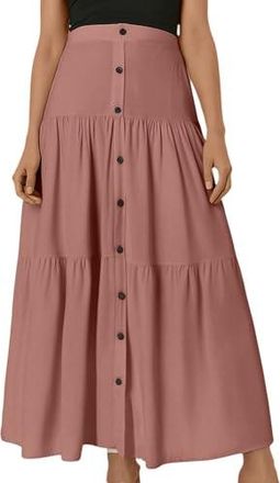 Generic Jupe midi vintage pour femme, taille haute &eacute;lastique, fendue, &agrave; volants, jupe trap&egrave;ze fluide avec poches, robe d&eacute;t&eacute; boh&egrave;me, robe baggy, essentiels de 