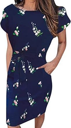 Generic Robes amincissantes &agrave; manches courtes pour femmes, robe tournesol avec poche nou&eacute;e sur le devant, col rond, mini design fin d&eacute;contract&eacute; 2026, bleu, XX