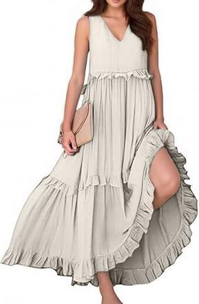 Generic Robe boh&egrave;me 2026 pour femme, col sans manches avec plis superpos&eacute;s, coupe ample et jupe longue fluide, &eacute;l&eacute;gante et d&eacute;contract&eacute;e, plage, beige, XXL