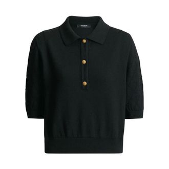 Balmain Gestrickter Poloshirt mit 3 Kn&ouml;pfen - - Tops - Damen - Schwarzk - XS