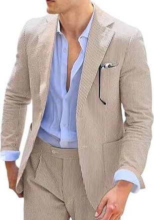 Generic Ensemble de costume fin en seersucker ray&eacute; pour homme - Tenue d&eacute;t&eacute; pour la plage et le mariage - 2 pi&egrave;ces - Costume classique &agrave; ventouse, kaki, XXL