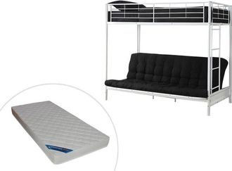 Vente-Unique Vente-unique - Lit mezzanine 90 x 190 cm - Avec banquette convertible - Métal - Blanc + Futon + Matelas - modulo v