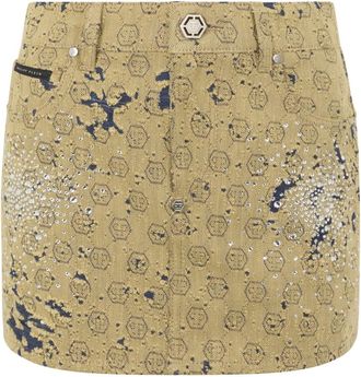 Philipp Plein Femme, Jupes, Beige, Taille: 42 FR Jacquard Mini Skirt Monogram Crystal