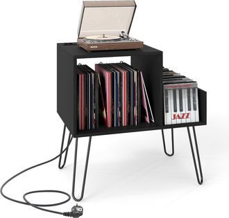 Giantex Plattenspielerst&auml;nder, 66 x 45 x 67 cm, Beistelltisch mit integrierter Ladestation, Vinylaufbewahrungsregal mit Metallbeinen, Schrank f&uuml;r Schlafzimmer