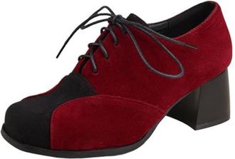 SJJH Chaussures Oxford pour femme Talon 5,5 cm | Velours synth&eacute;tique bicolore avec lacets | Casquette carr&eacute;e pour le bureau et les loisirs, rouge, 44 EU