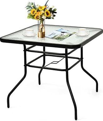 Giantex Table de Jardin Carré, Table de Bistro avec Plateau 81 x 81 cm en Verre Trempé, Trou de Parasol, Cadre en Métal Laqué pour Balcon, Terrasse, Jardin (C