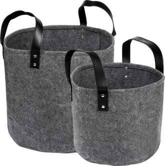 Schramm 2 Stück Filztaschen mit Kunstledergriffen ø34cm, ø 25cm Filzkorb Holzkorb wählbar in dunkelgrau oder schwarz Filzkorb Zeitungskorb, Farbe:dunkelgrau