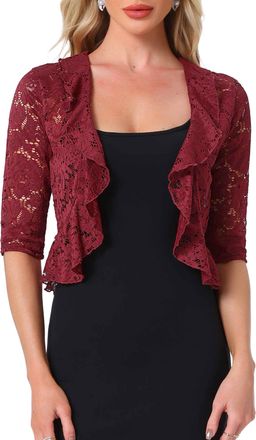 Allegra K Damen Hochzeit Spitze Festlich Bolero f&uuml;r Abendkleid 3/4-&Auml;rmel R&uuml;schen Eleganter Cardigan Burgund S