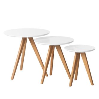 home24 Beistelltisch-Set 3-teilig aus MDF & massiver Eiche in Wei&szlig;/Eiche, Lackierte Massivholzbeine mit technischer Satztisch-Funktion, Variable Ablagefl&auml;che