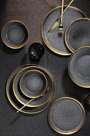 Hermia Elegant 16-Piece Dinner Set, Black & Gold | 100% Porcelain | Includes Service Plates, Dessert Plates & Bowls | Perfect for Stylish Dining Experiences
