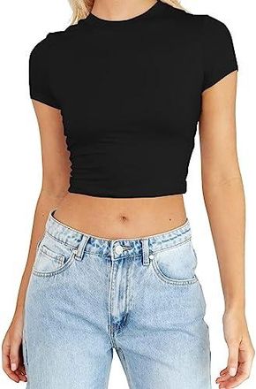 Generic Chemise unie à manches courtes pour femme - Chemisier dété à manches courtes - Haut court décontracté basique col rond coupe ajustée - Vêtements pour 