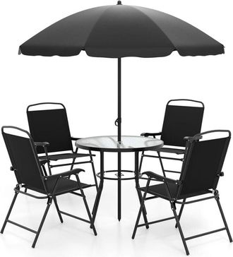 Costway Ensemble de Salle &agrave; Manger de Jardin 6 Pi&egrave;ces avec Parasol, 4 Chaises Pliantes et Table Ronde en Verre Tremp&eacute; pour Jardin, Terrasse