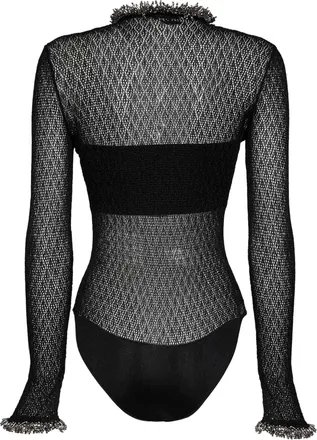 Self Portrait Pointelle Knit With Bead Detail Bodysuit - Black