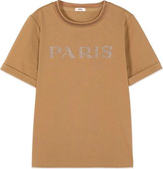 Oltre Femme, Tops, Beige, Taille: 42 FR T-shirt avec lettrage brod&eacute;