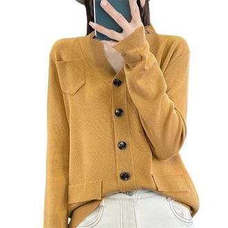 Generic Cardigan dhiver &agrave; col en V pour femme - Veste en tricot ample &agrave; manches longues, Camel dor&eacute;., Taille L
