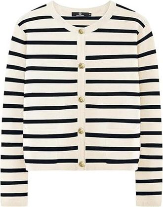 Generic Cardigan ray&eacute; &agrave; col rond pour femme, manches longues en tricot l&eacute;ger avec poches, Rayures abricot, XL