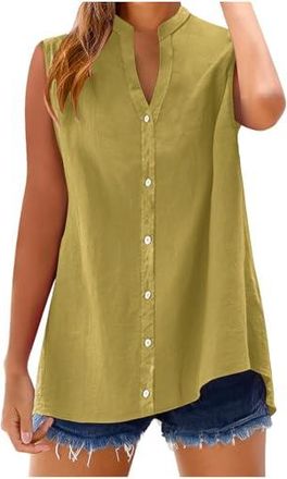 Generic D&eacute;bardeur d&eacute;contract&eacute; sans manches en coton et lin avec col en V pour femme, Jaune 1, L