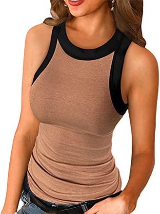 Onsoyours Débardeur Sexy Col Rond Femme Tshirt sans Manches Blouse Dété Cami Top Moulante Chic T-Shirt B Marron M