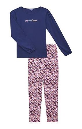 Arthur Pyjama Femme, Ensemble Manches Longues et Pantalon - 100% Coton Bio l&eacute;ger, Doux et Confortable - Motif Pomme Fantaisie Rose et Marine - Taille M