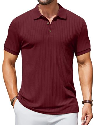 Coofandy Poloshirt Herren Strick Polo Shirt Kurzarm Sommer Polohemd mit Kn&ouml;pfe T-Shirt Geripptes Stretch Golf Shirts Dattelrot XXL