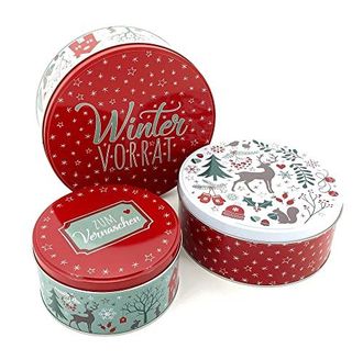 Heimtexland 3er Set Geb&auml;ckdosen Keksdose Vorratsdose Weihnachten Pl&auml;tzchen Geschenkbox Lebensmittel Aufbewahrung Metalldosen Typ658 Wintervorrat