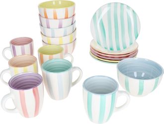 MamboCat Beach Pastello Stripes 18tlg Frühstücksset I Je 6X kleine Frühstücksteller, Müslischale & Kaffeebecher für 6 Personen mit Pastell-Streifen für Frühstü
